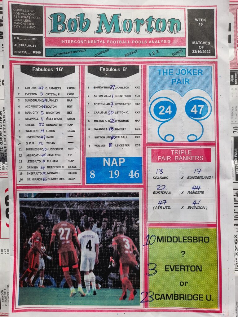 Week 16 Pool RSK Papers 2022: Bob Morton, Capital Intl, Soccer X ...