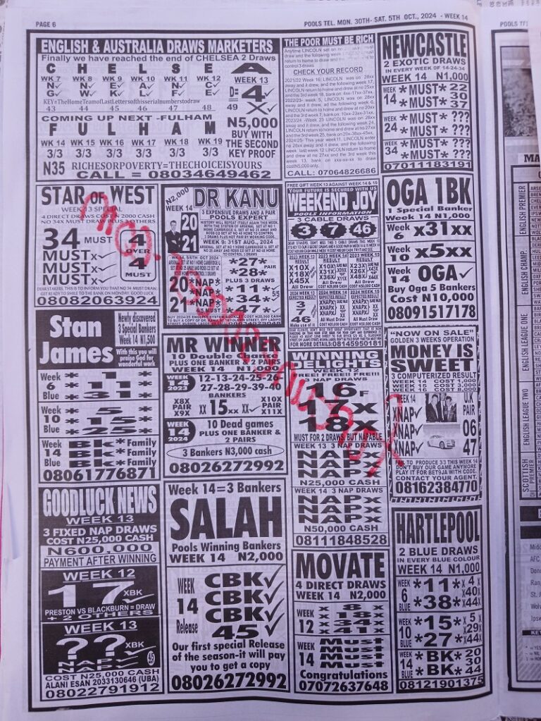 Week 14 Pool RSK Papers 2024: Bob Morton, Capital, Soccer X Research ...