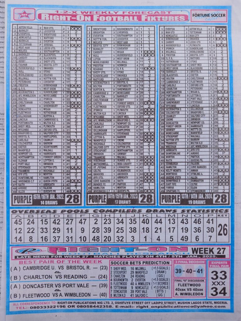 Week 28 Pool Paper 2025: Winstar, Happy Joe, Right On Fixtures