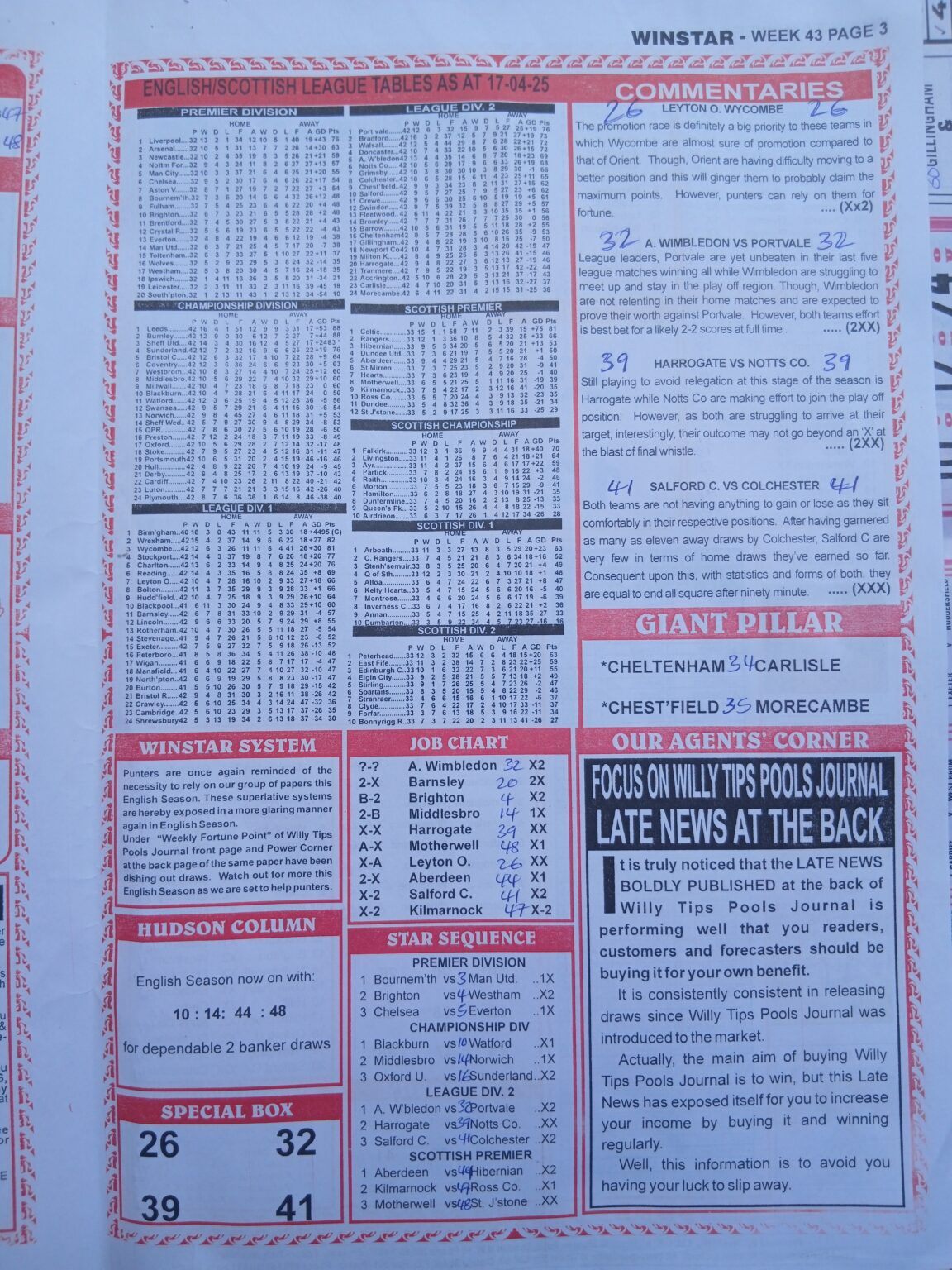 Week 43 Pool Paper 2025: Winstar, Happy Joe, Right On Fixtures