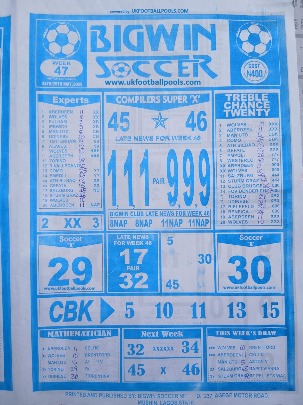 Week 47 Pool RSK Papers 2025: Bob Morton, Capital, Soccer X Research