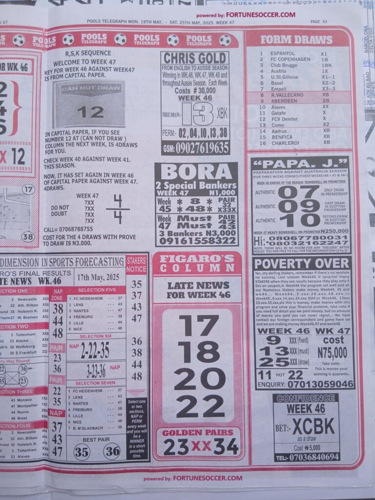 Week 47 Pool RSK Papers 2025: Bob Morton, Capital, Soccer X Research