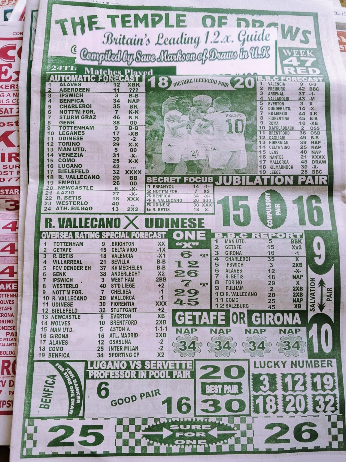 Week 47 Pool Paper 2025: Winstar, Happy Joe, Right On Fixtures