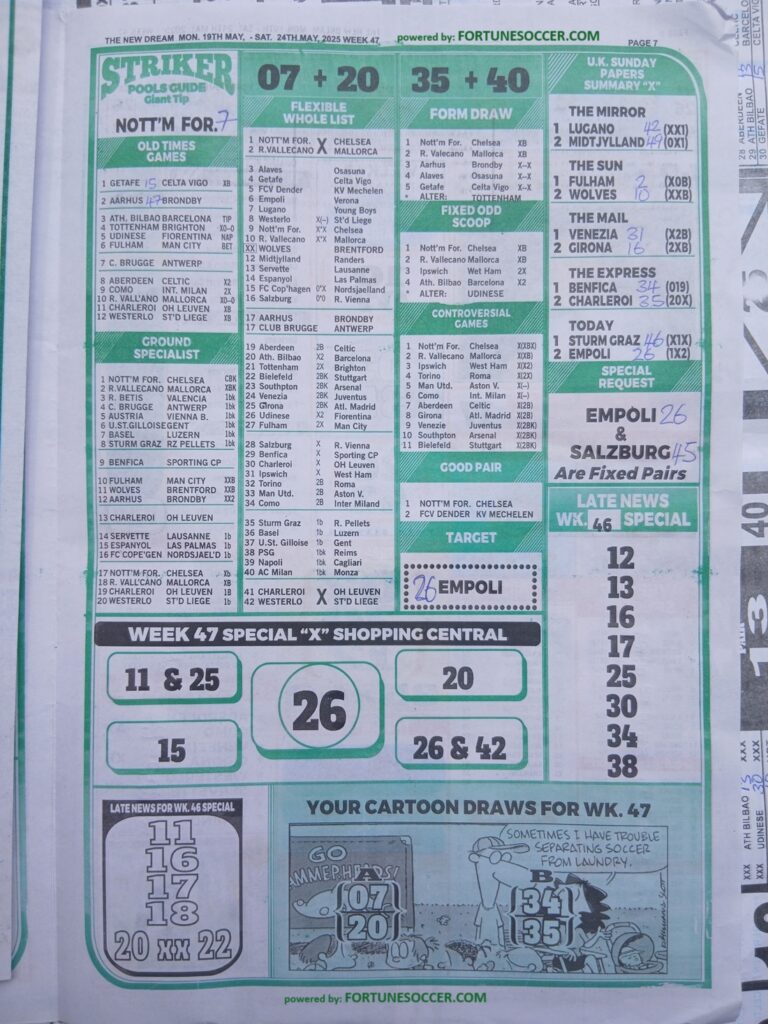 Week 47 Weekly Telegraph, Final Result, Dream Pools Papers