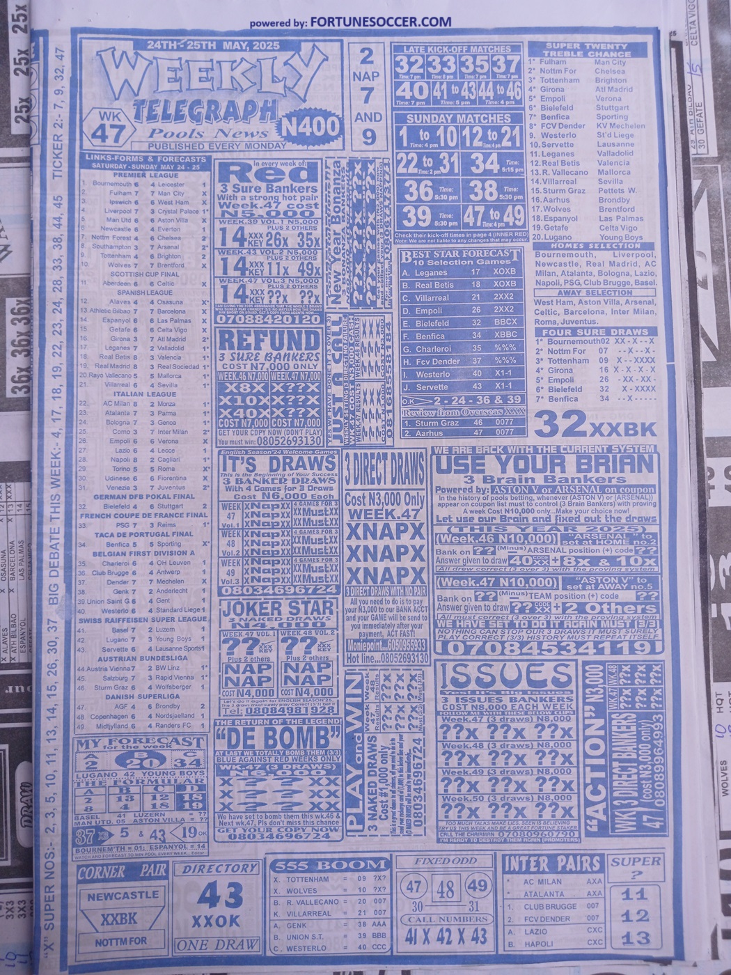 Week 47 Weekly Telegraph, Final Result, Dream Pools Papers