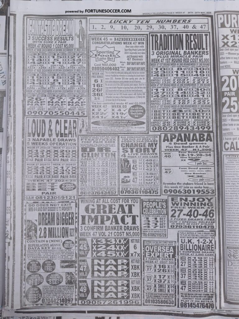 Week 47 Weekly Telegraph, Final Result, Dream Pools Papers