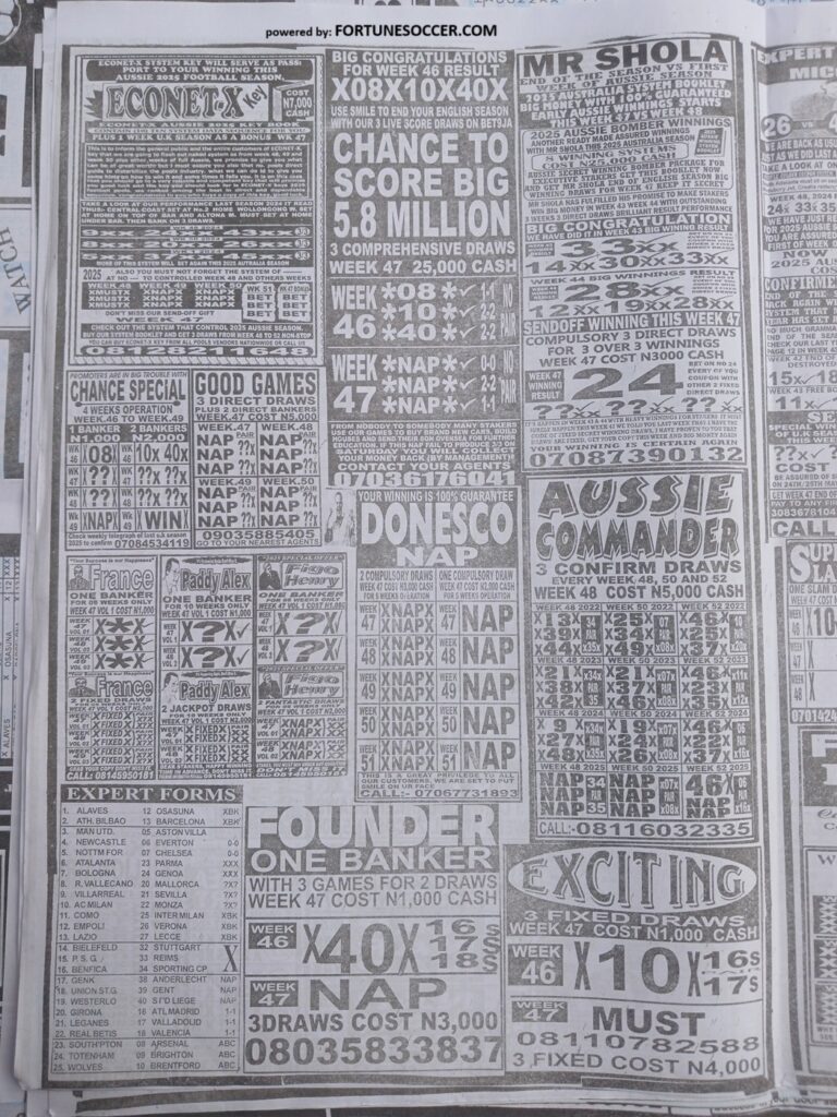 Week 47 Weekly Telegraph, Final Result, Dream Pools Papers