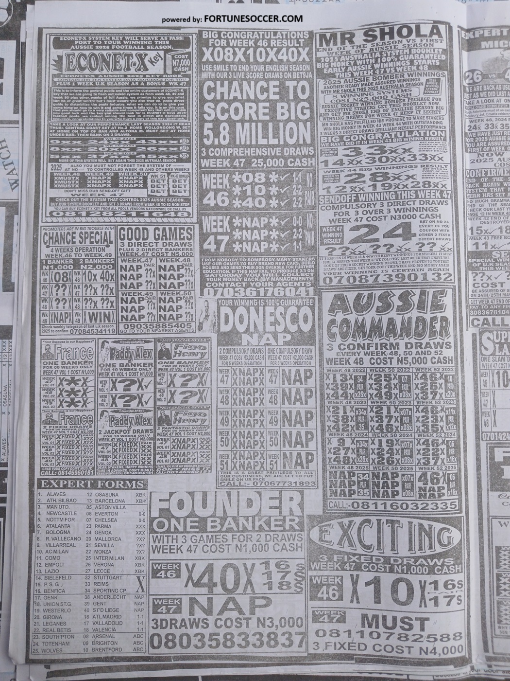 Week 47 Weekly Telegraph, Final Result, Dream Pools Papers