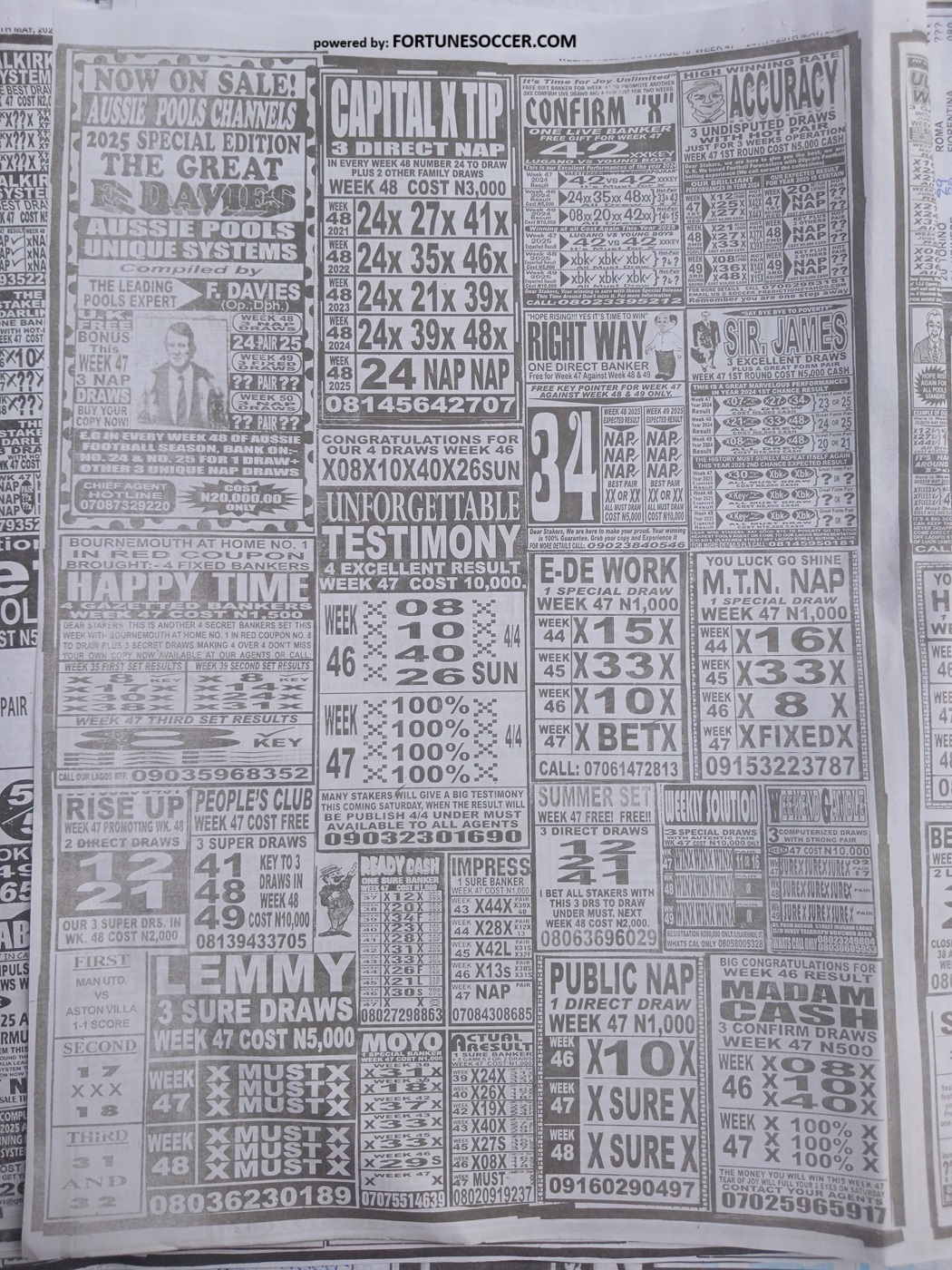 Week 47 Weekly Telegraph, Final Result, Dream Pools Papers