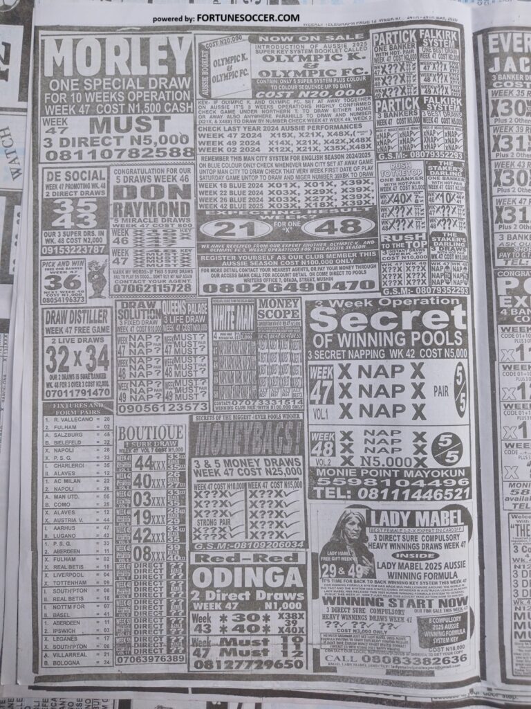 Week 47 Weekly Telegraph, Final Result, Dream Pools Papers