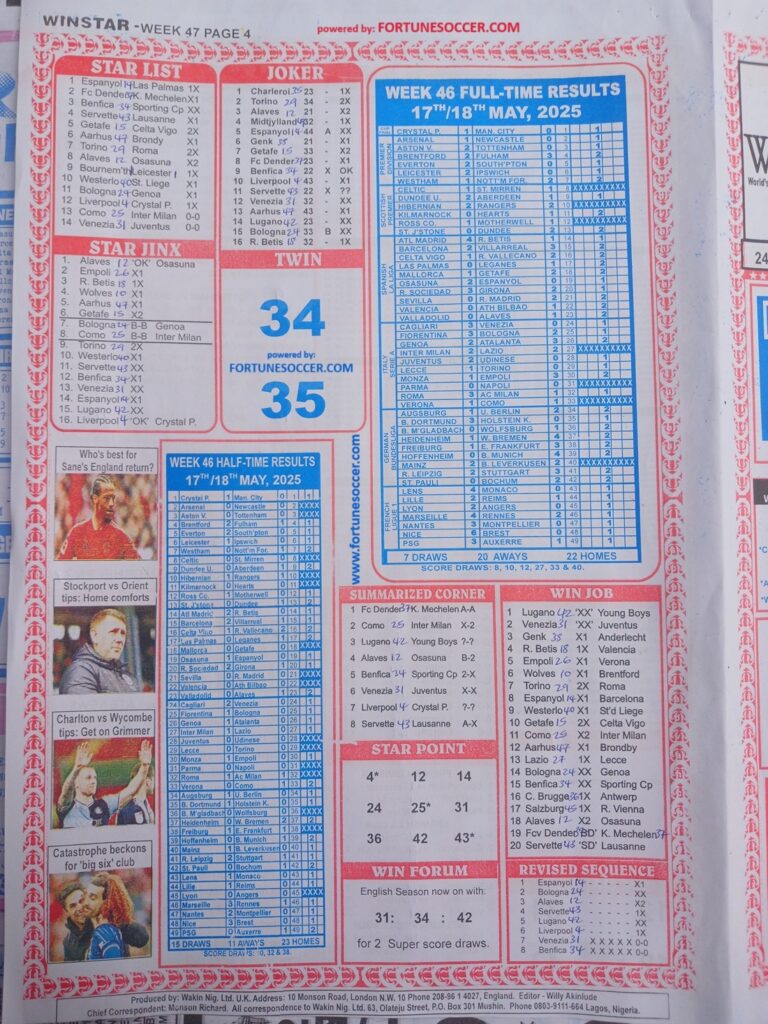 Week 47 Pool Paper 2025: Winstar, Happy Joe, Right On Fixtures