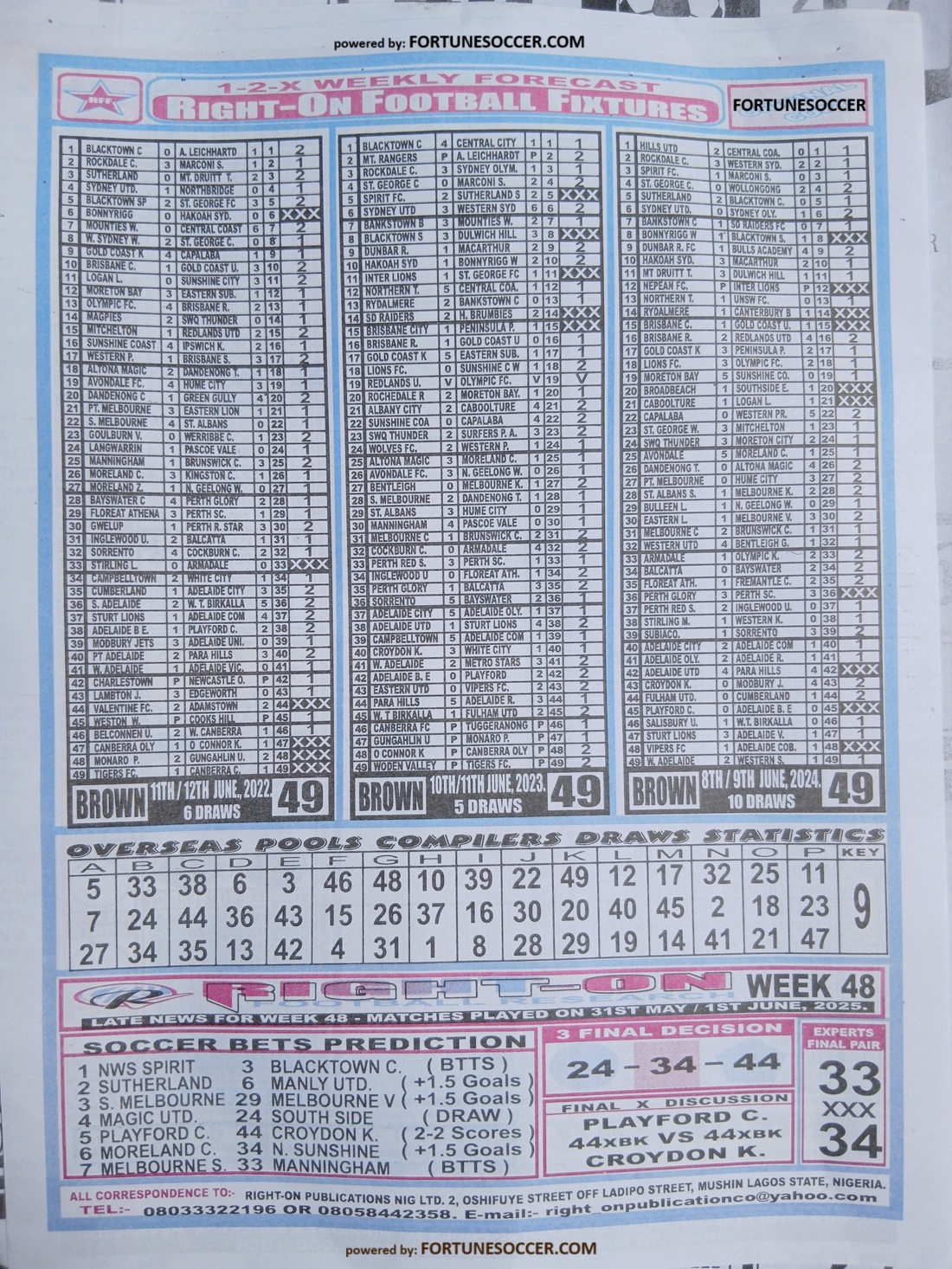 Week 49 Pool Paper 2025: Winstar, Happy Joe, Right On Fixtures