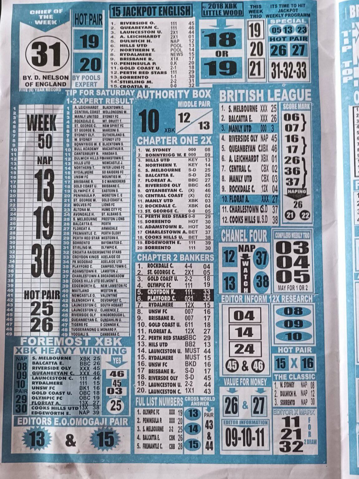 Week 50 Pool Paper 2025: Winstar, Happy Joe, Right On Fixtures
