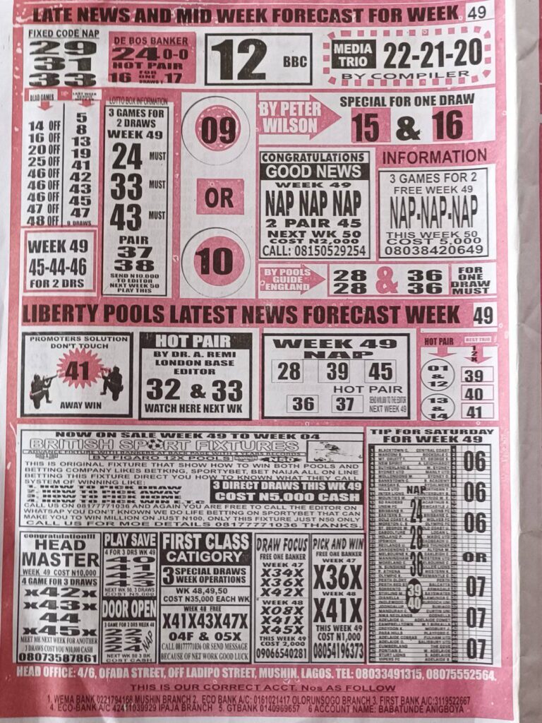 Week 50 Pool Paper 2025: Winstar, Happy Joe, Right On Fixtures