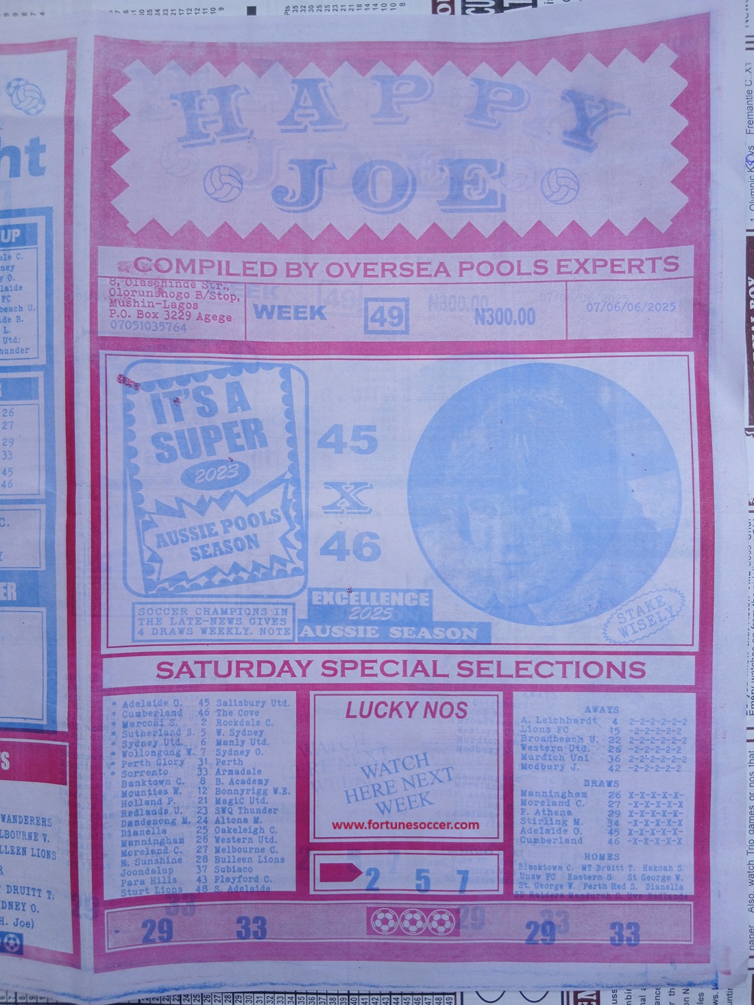 Week 49 Pool Paper 2025: Winstar, Happy Joe, Right On Fixtures
