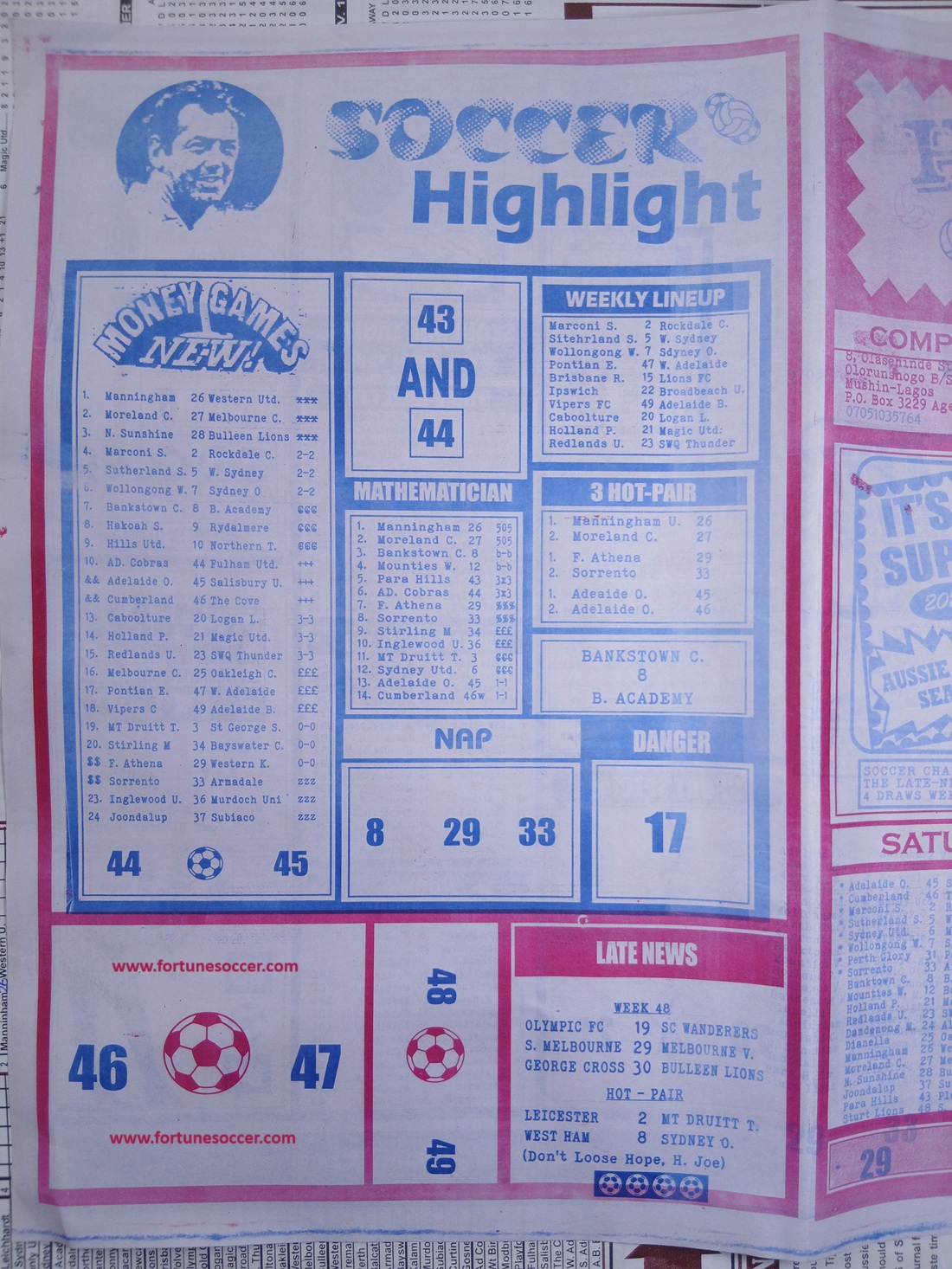 Week 49 Pool Paper 2025: Winstar, Happy Joe, Right On Fixtures
