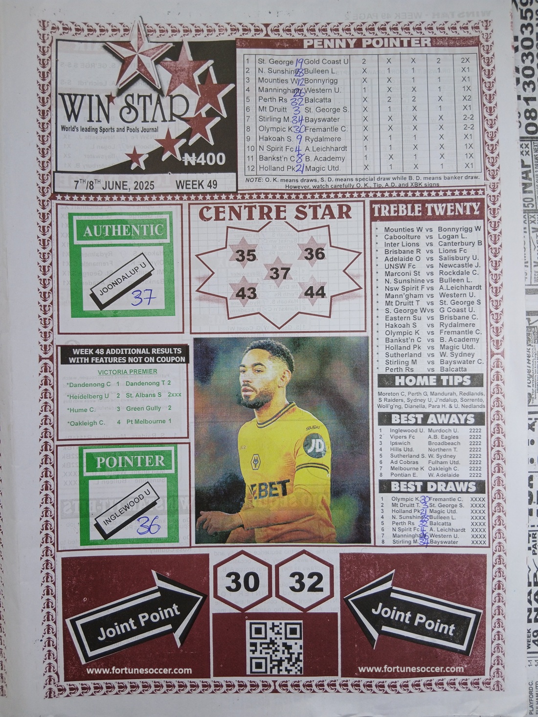 Week 49 Pool Paper 2025: Winstar, Happy Joe, Right On Fixtures