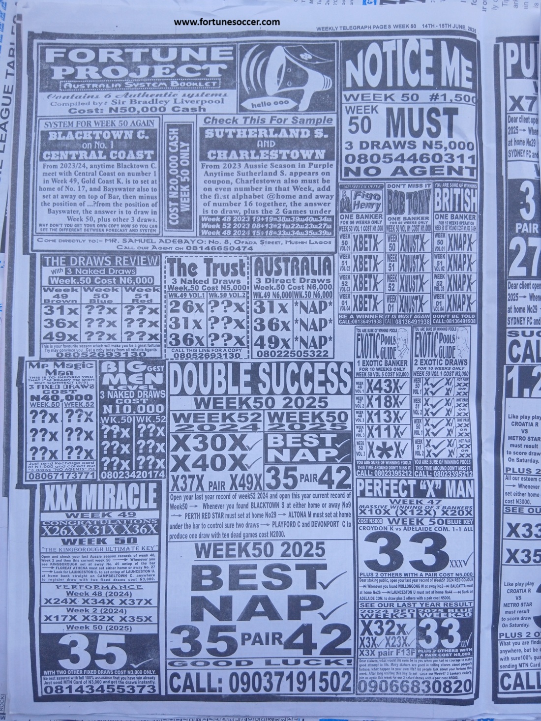 Week 50 Weekly Telegraph, Final Result, Dream Pools Papers