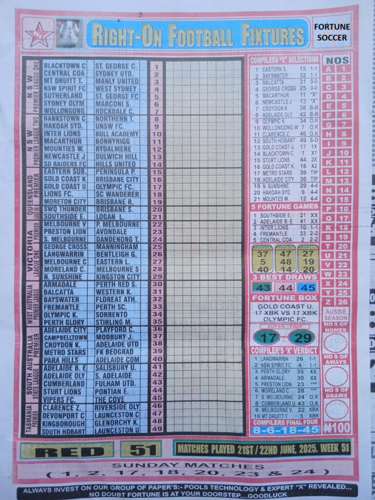 Week 51 Pool Paper 2025: Winstar, Happy Joe, Right On Fixtures