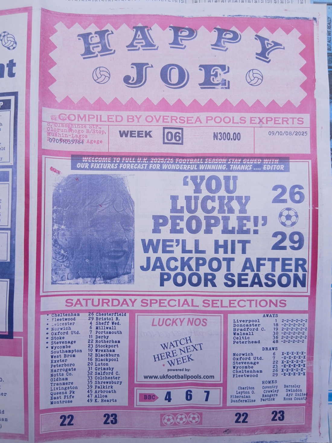 Week 6 Pool Paper 2025: Winstar, Happy Joe, Right On Fixtures
