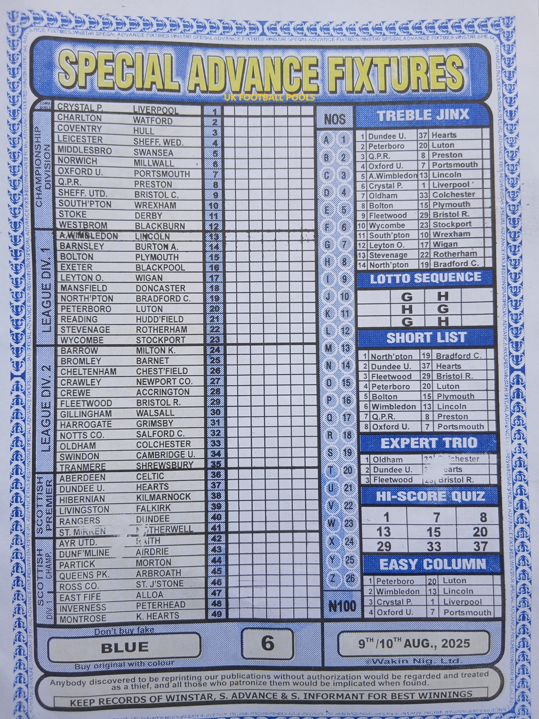 Week 6 Pool RSK Papers 2025: Bob Morton, Capital, Soccer X Research
