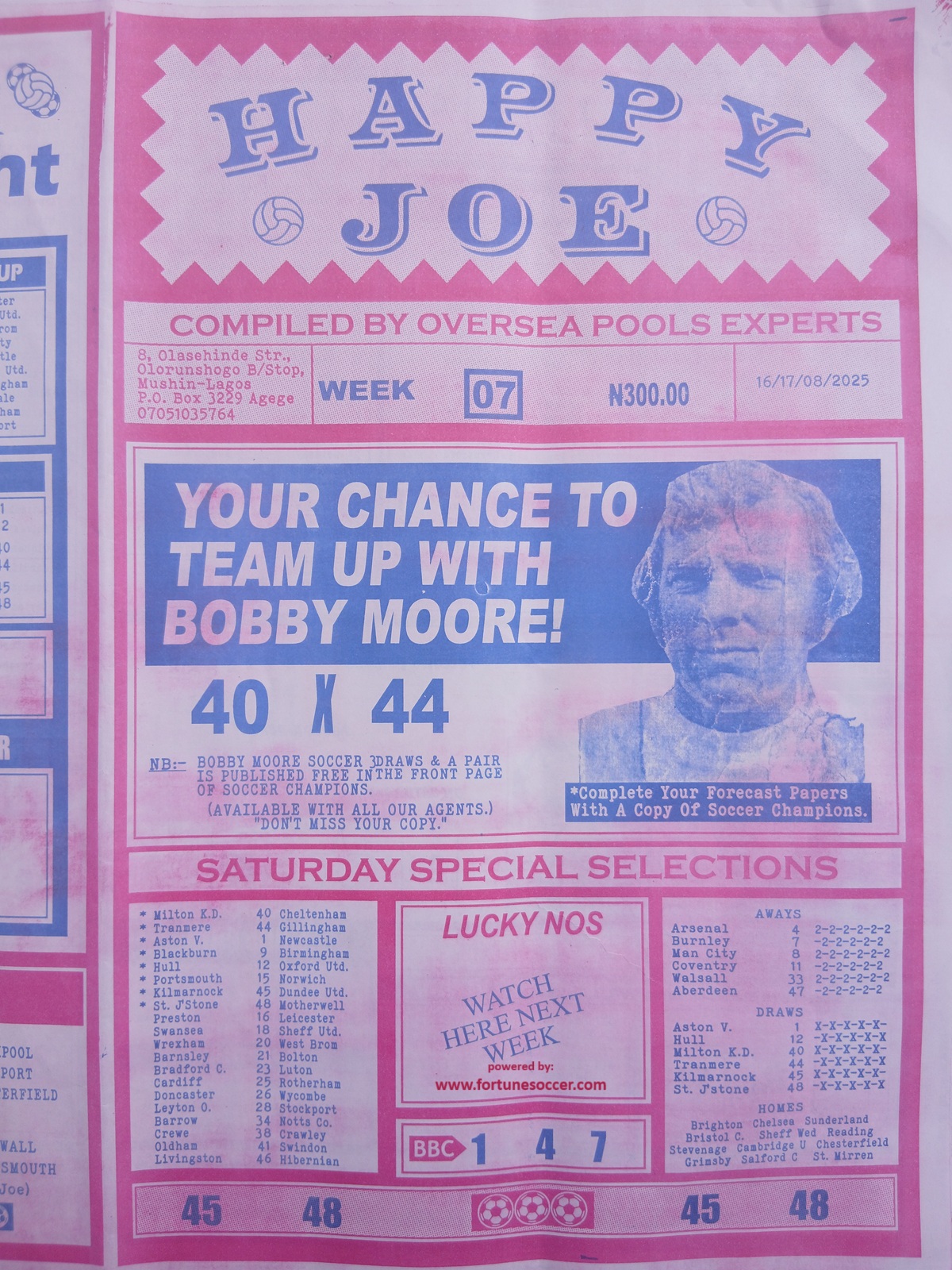 Week 7 Pool Paper 2025: Winstar, Happy Joe, Right On Fixtures