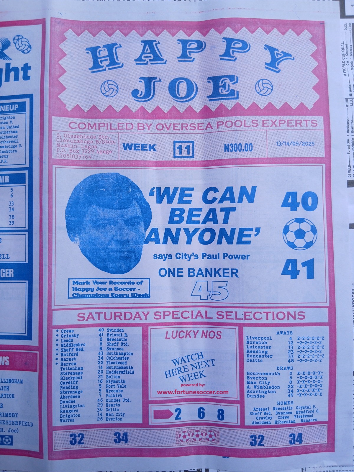 Week 11 Pool Paper 2025: Winstar, Happy Joe, Right On Fixtures