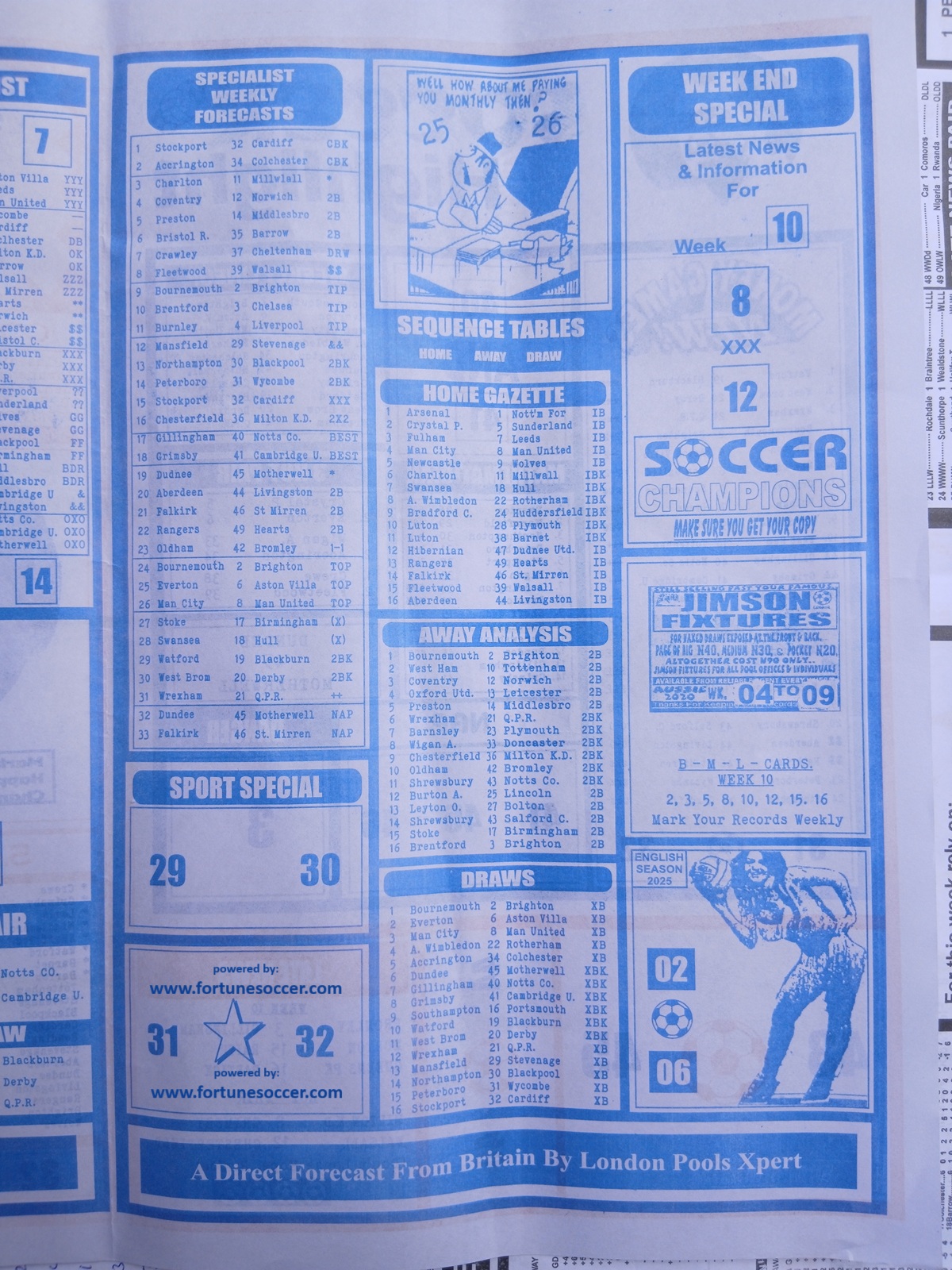 Week 11 Pool Paper 2025: Winstar, Happy Joe, Right On Fixtures