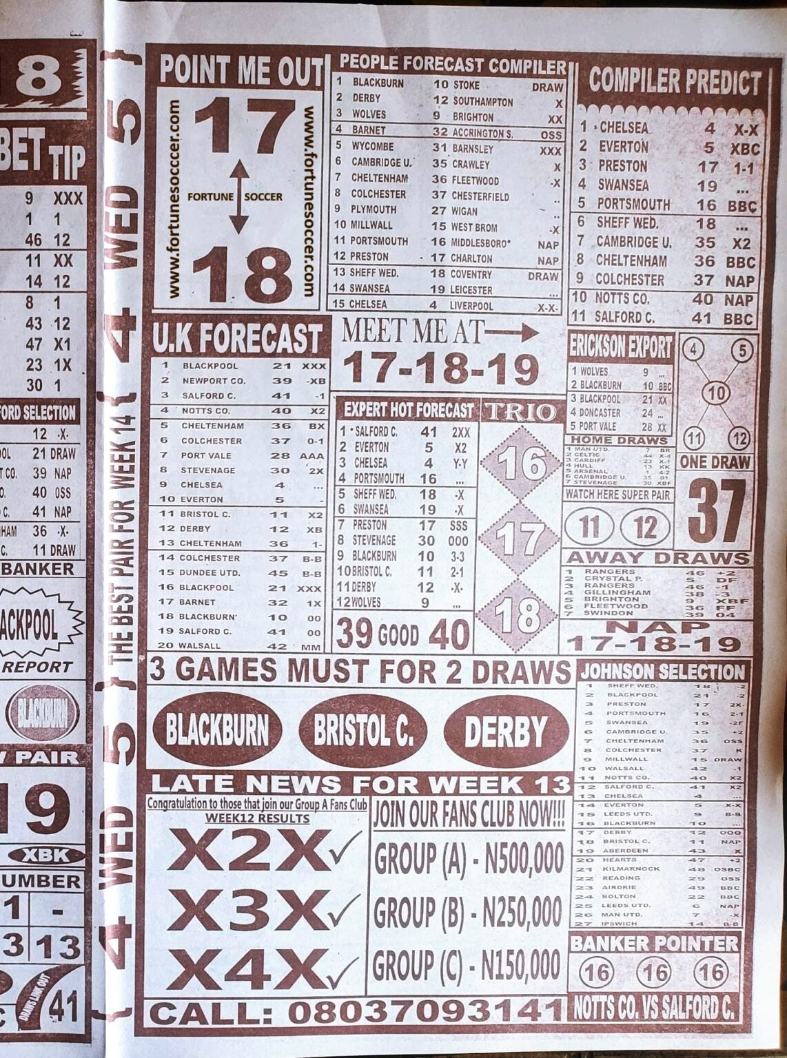 Week 14 Pool Paper 2025: Winstar, Happy Joe, Right On Fixtures