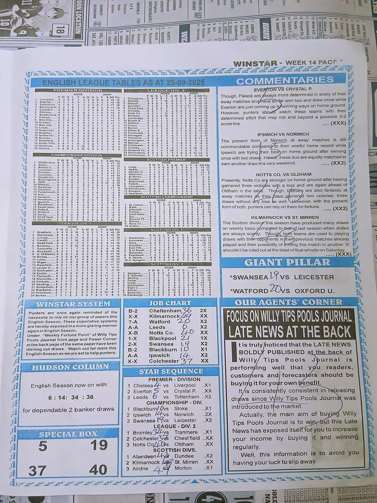 Week 14 Pool Paper 2025: Winstar, Happy Joe, Right On Fixtures