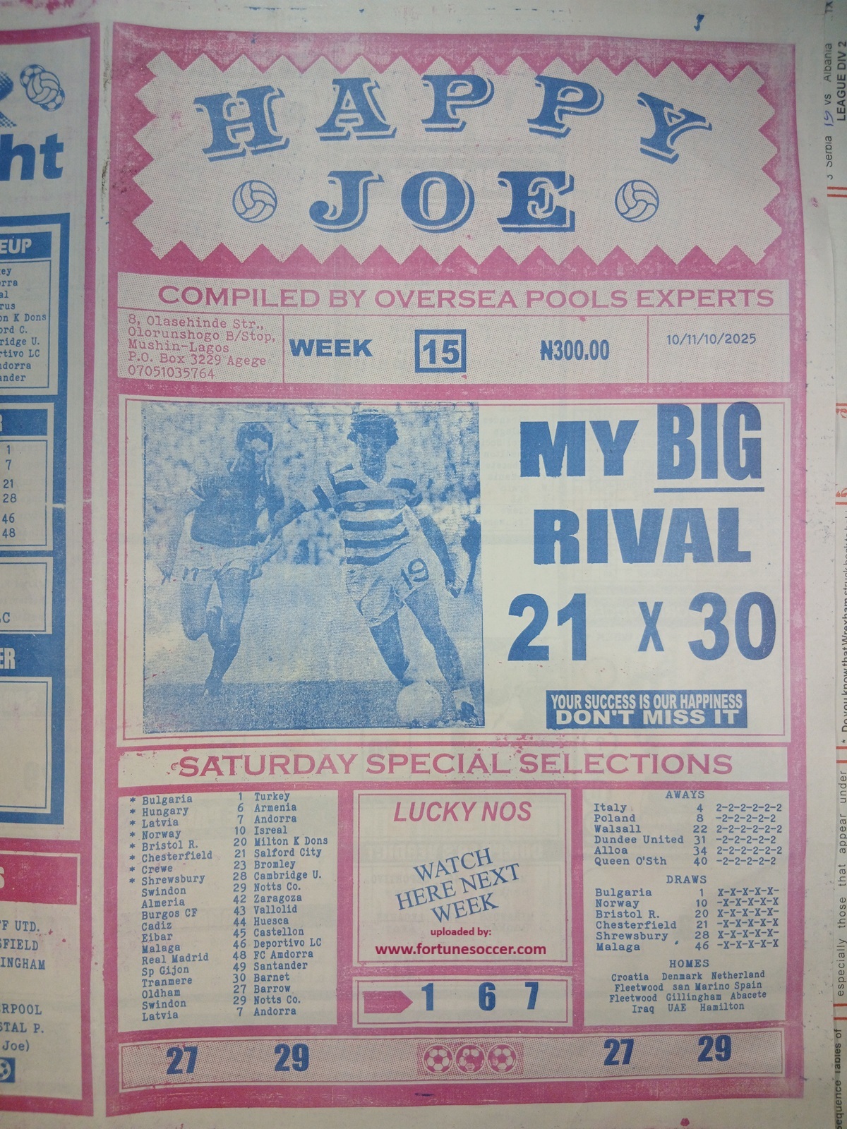 Week 15 Pool Paper 2025: Winstar, Happy Joe, Right On Fixtures