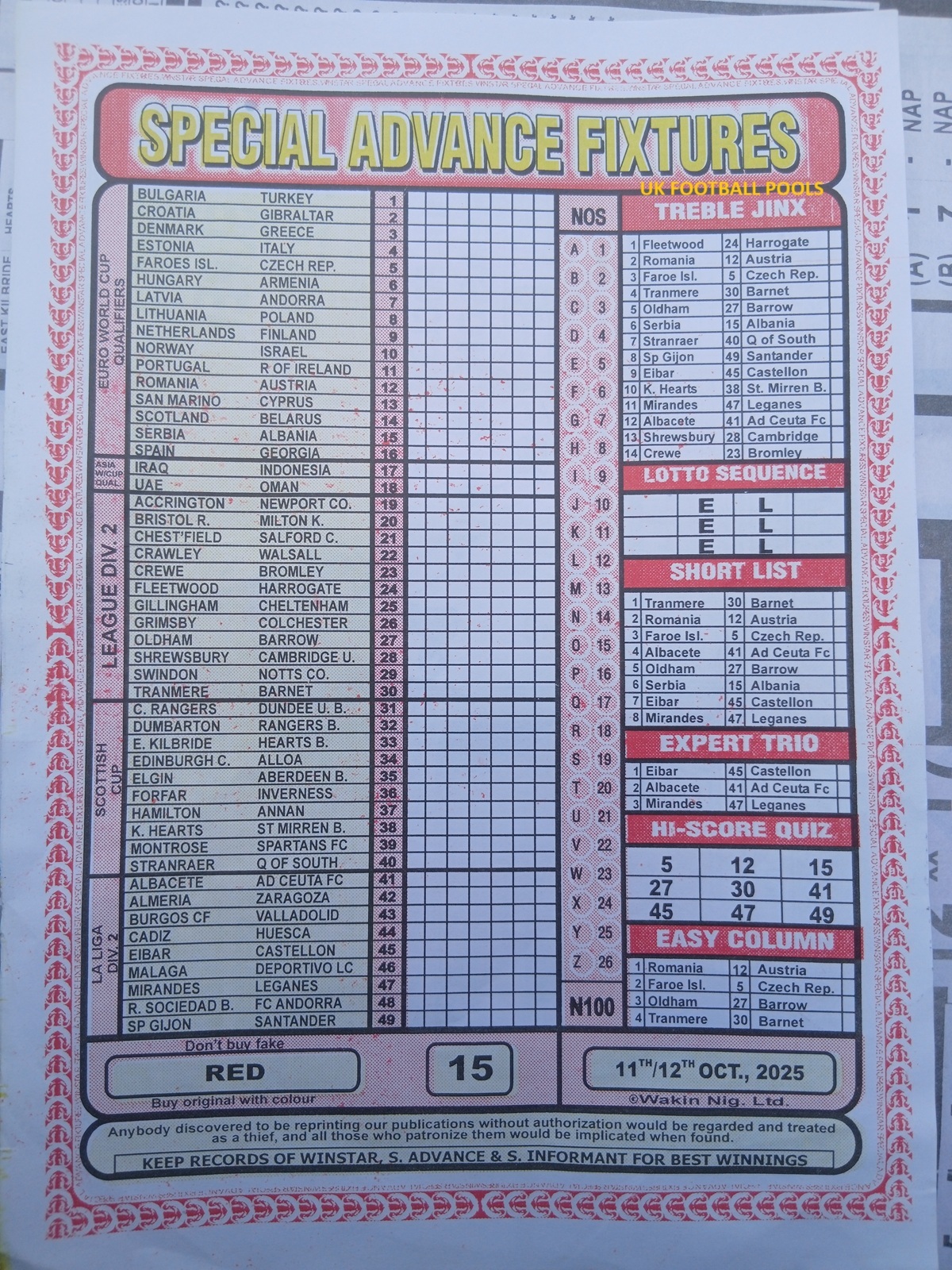 Week 15 Pool RSK Papers 2025: Bob Morton, Capital, Soccer Research