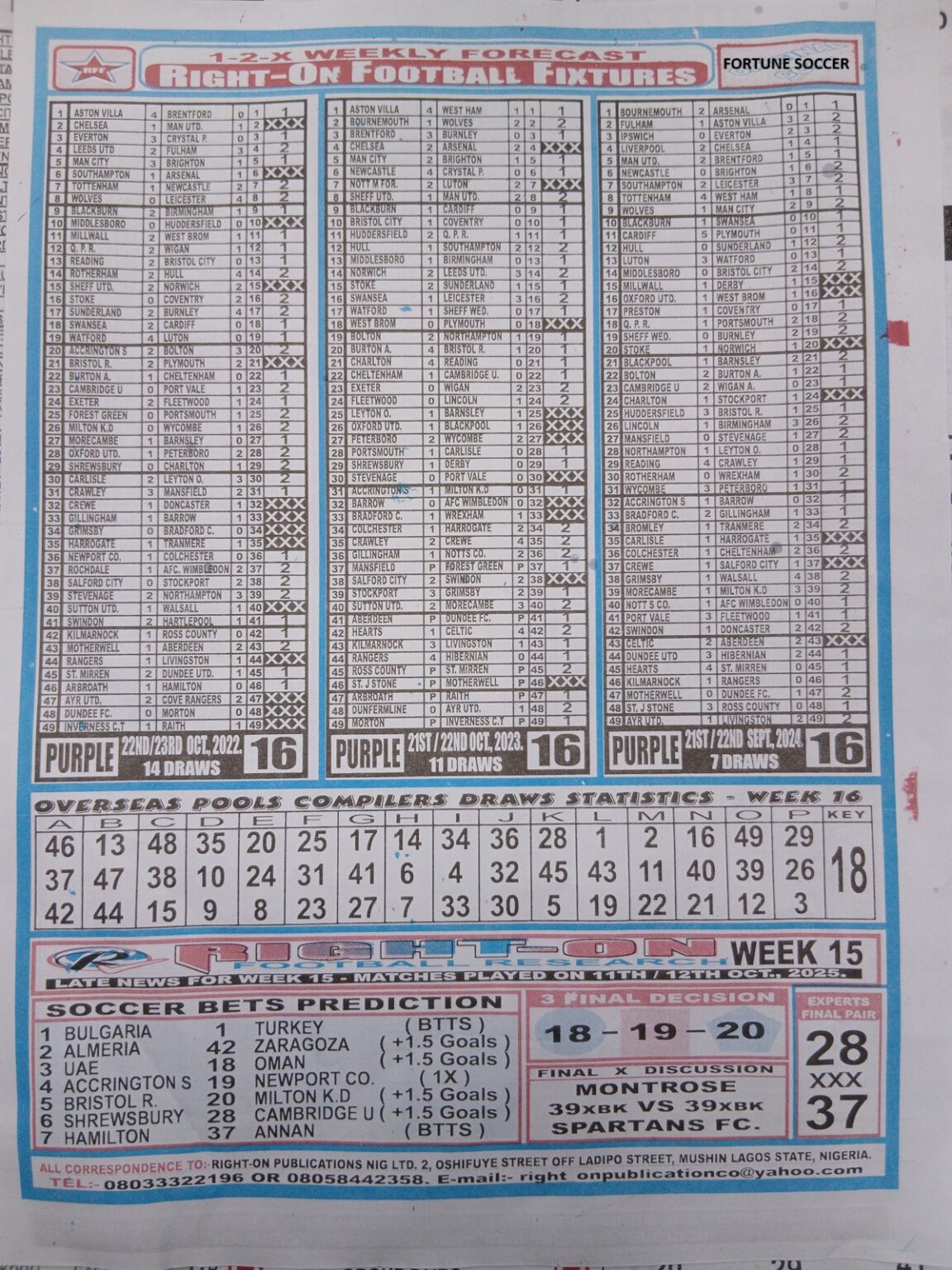 Week 16 Pool Paper 2025: Winstar, Happy Joe, Right On Fixtures