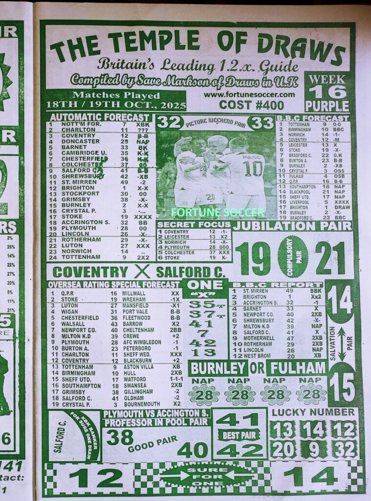 Week 16 Pool Paper 2025: Winstar, Happy Joe, Right On Fixtures