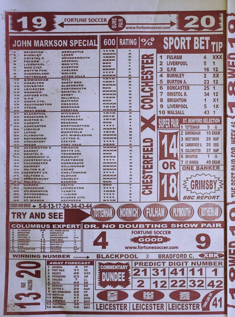 Week 16 Pool Paper 2025: Winstar, Happy Joe, Right On Fixtures