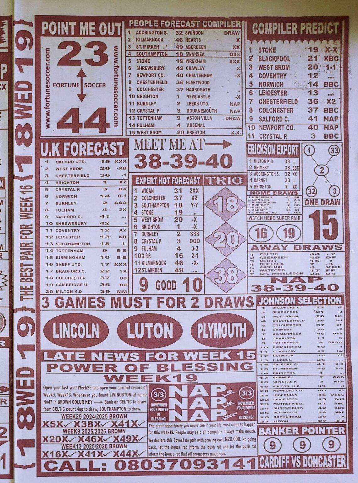 Week 16 Pool Paper 2025: Winstar, Happy Joe, Right On Fixtures