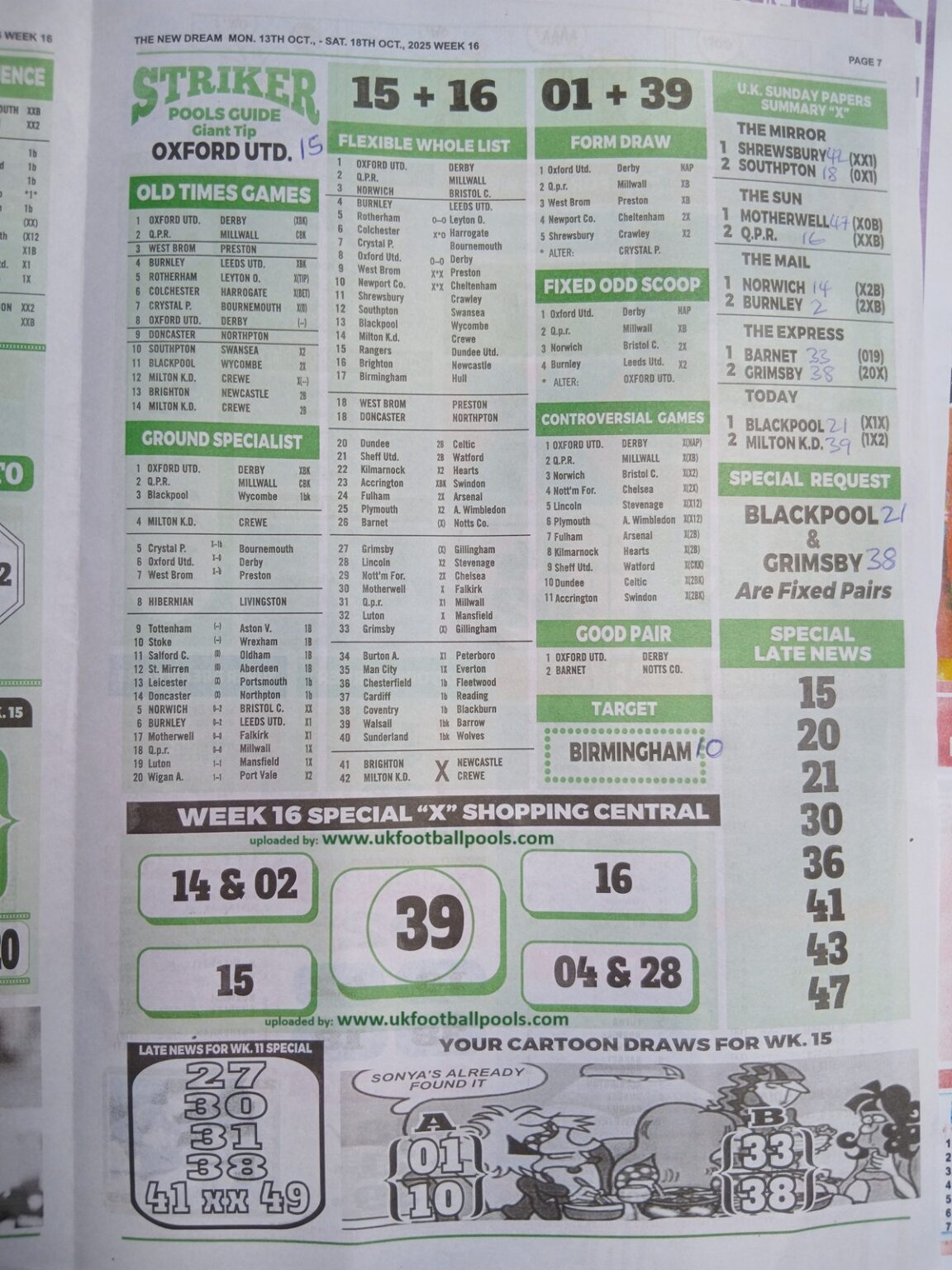 Week 16 Weekly Telegraph, Final Result, Dream Pools Papers