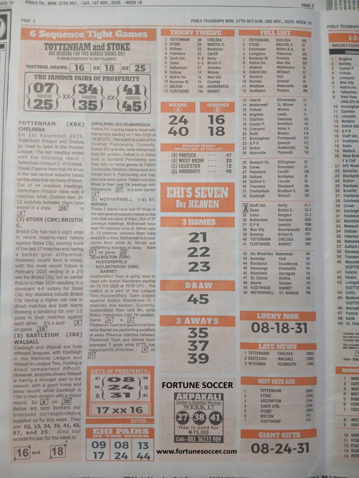 Week 18 Pool RSK Papers 2025: Bob Morton, Capital, Soccer Research