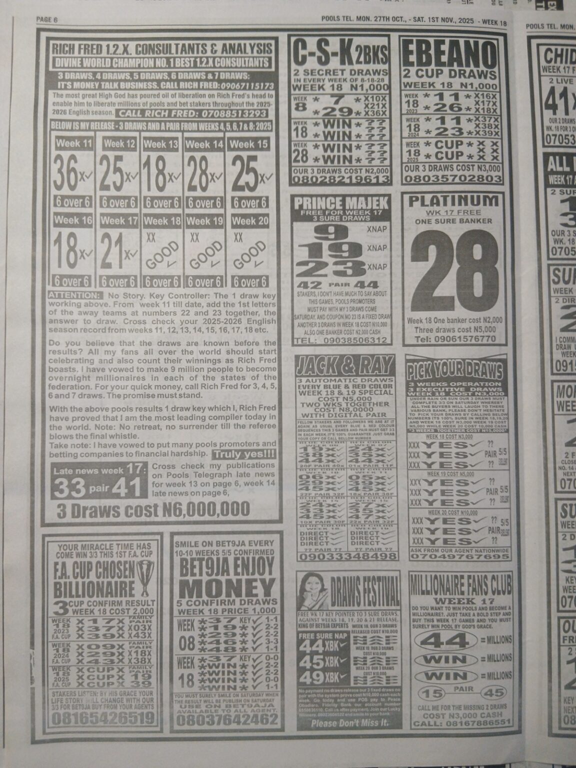 Week 18 Pool RSK Papers 2025: Bob Morton, Capital, Soccer Research