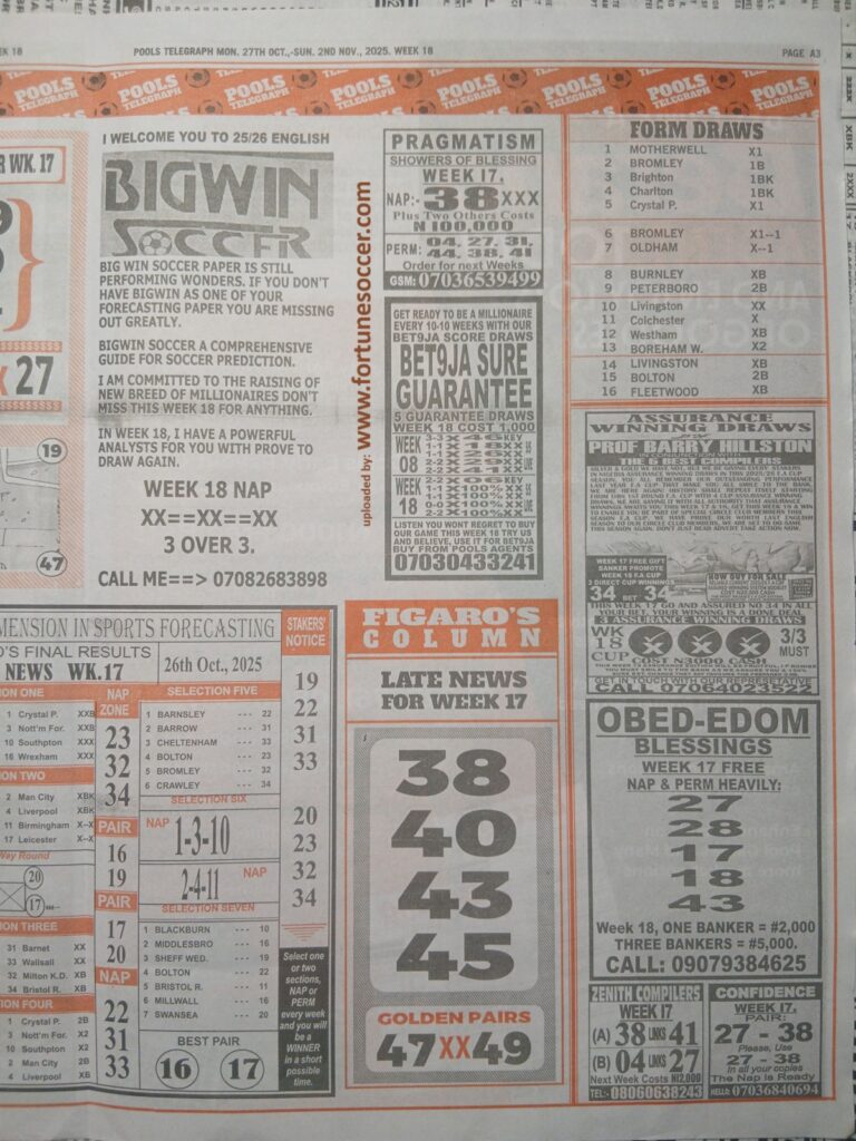 Week 18 Pool RSK Papers 2025: Bob Morton, Capital, Soccer Research