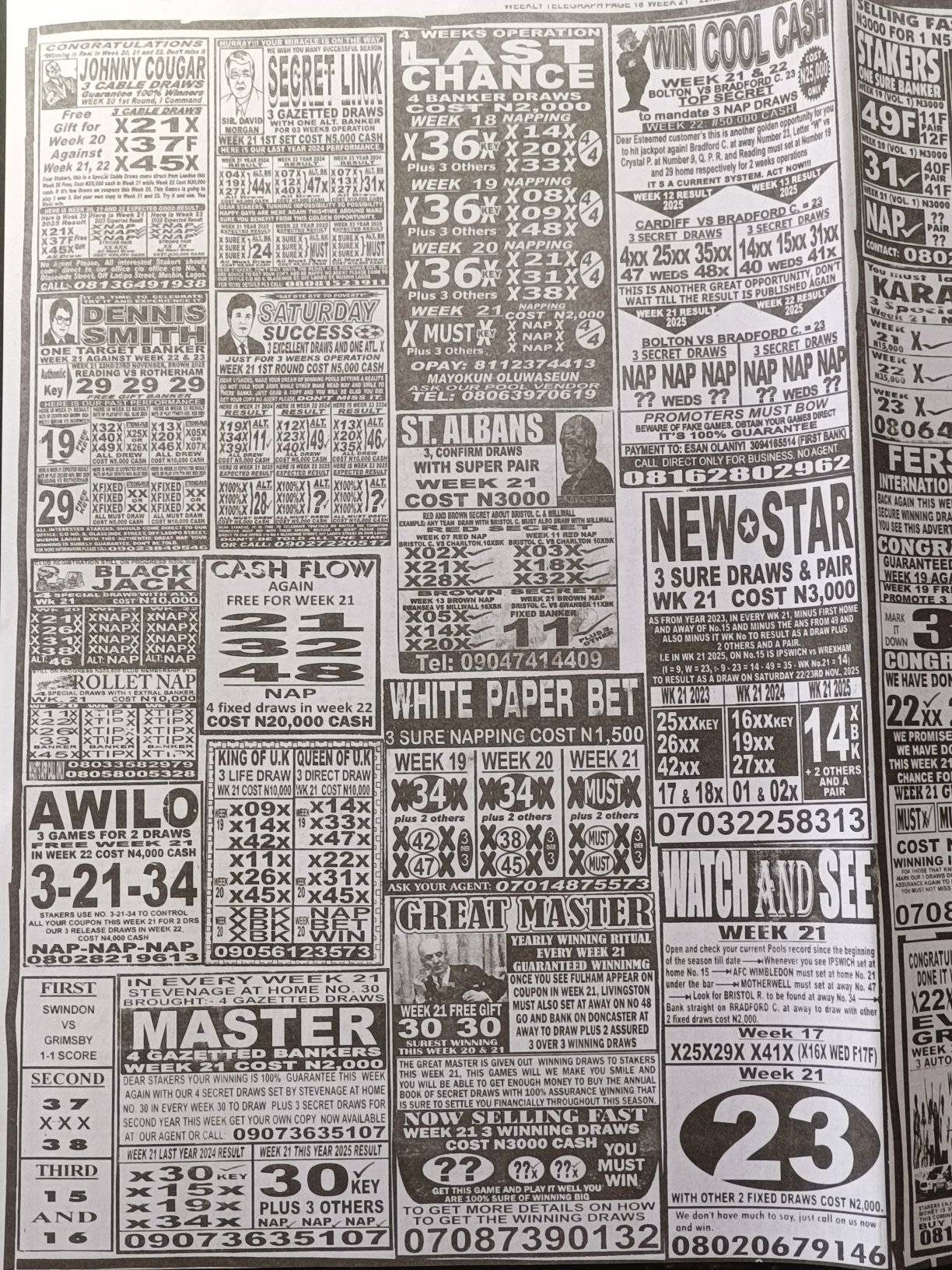 Week 21 Weekly Telegraph, Final Result, Dream Pools Papers