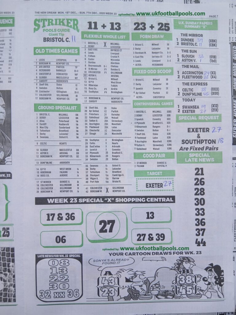 Week 23 Pool Late News Papers 2025: Bigwin Soccer, Pool Telegraph
