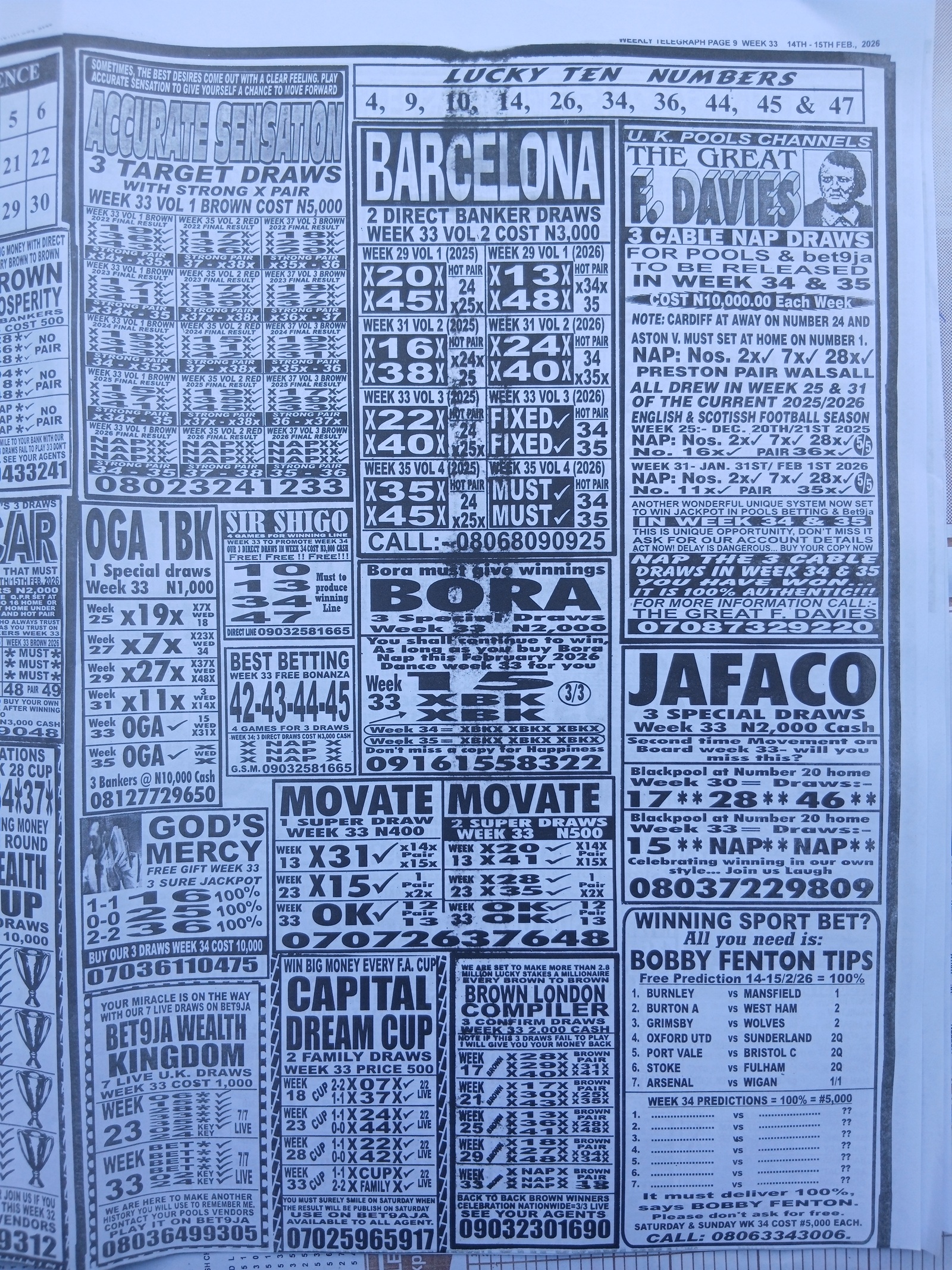 Week 33 Weekly Telegraph, Final Result, Dream Pools Papers