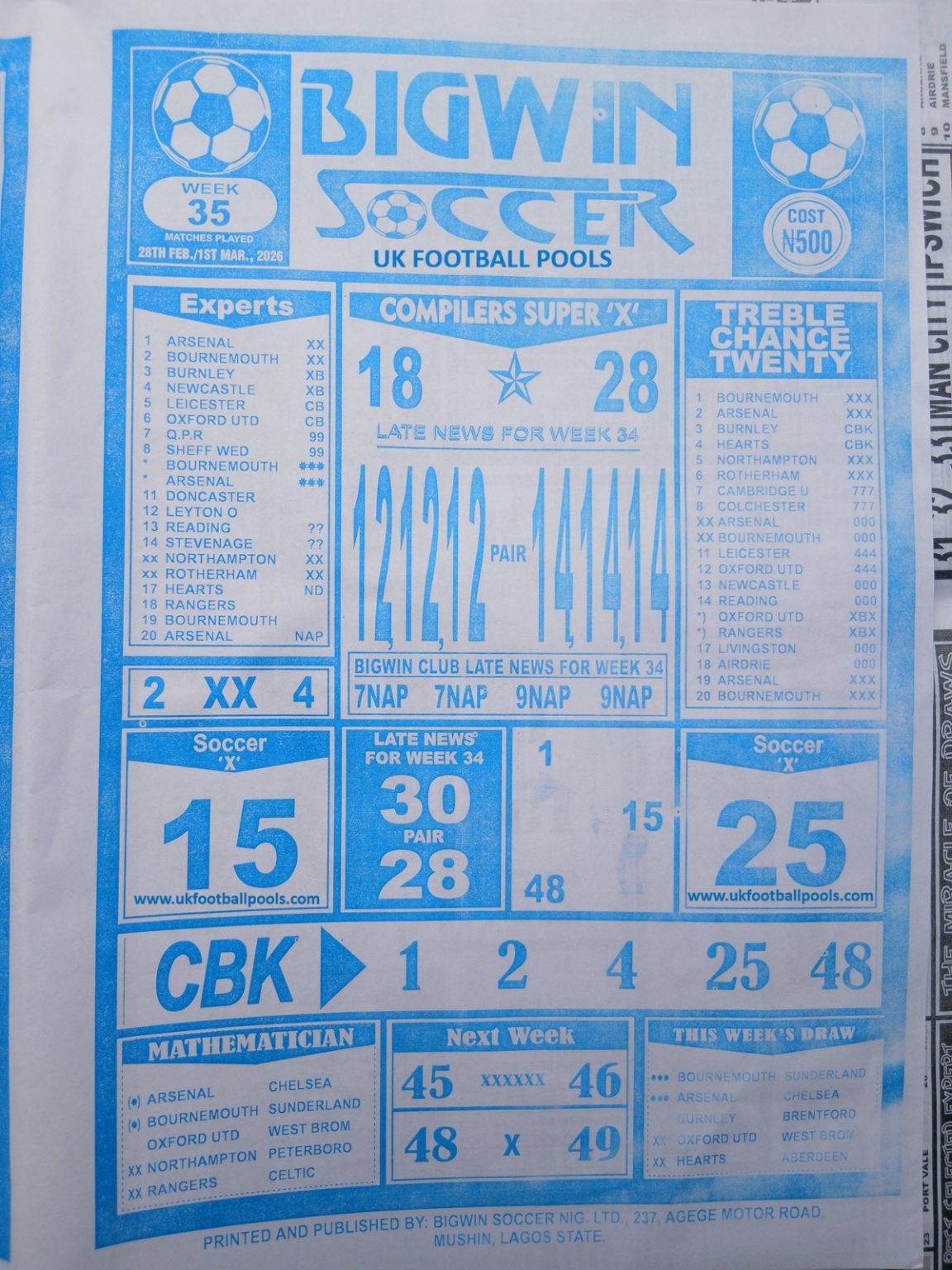 Week 35 Pool Late News Papers 2026: Bigwin Soccer, Pool Telegraph