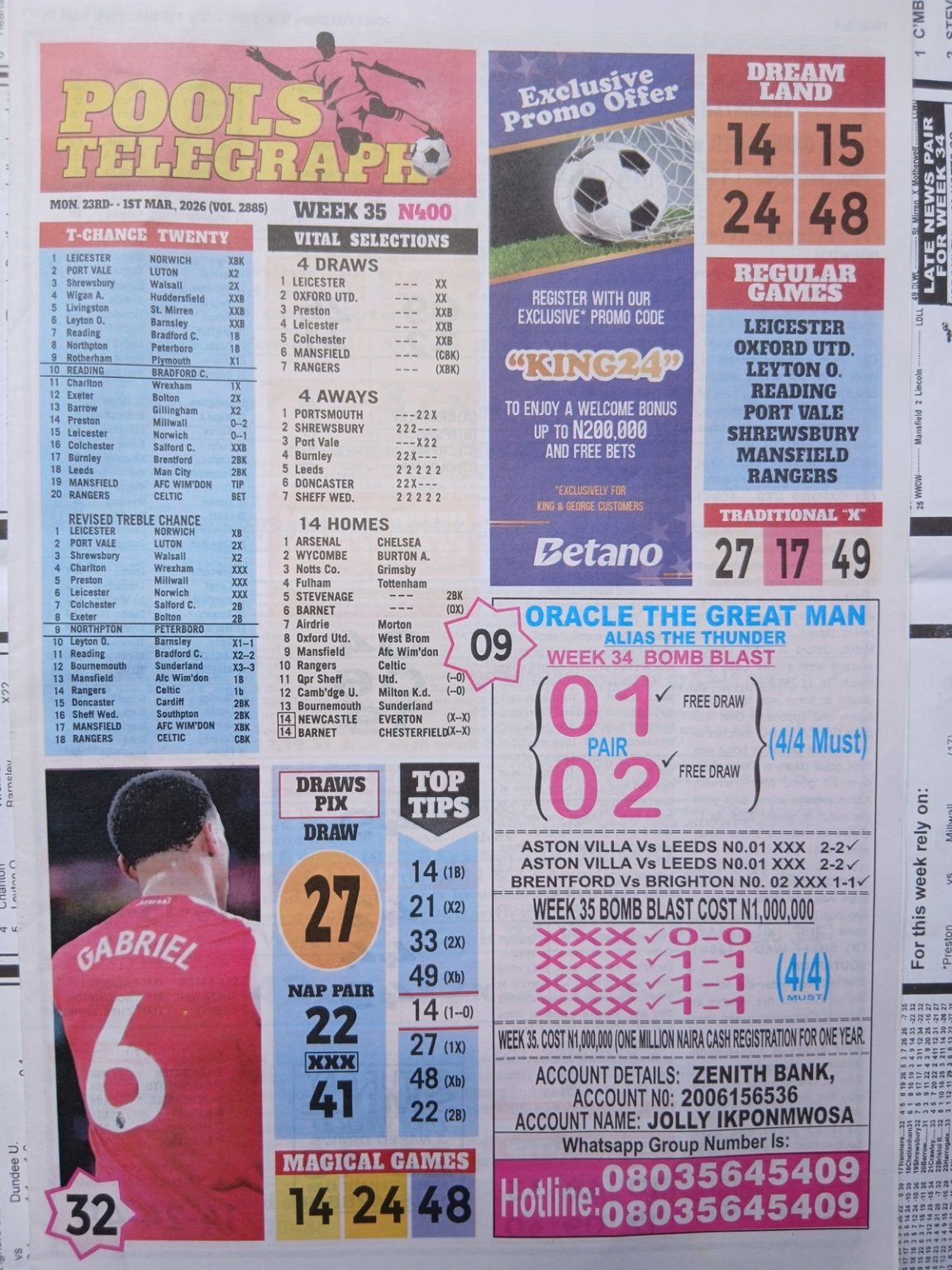 Week 35 Pool Late News Papers 2026: Bigwin Soccer, Pool Telegraph