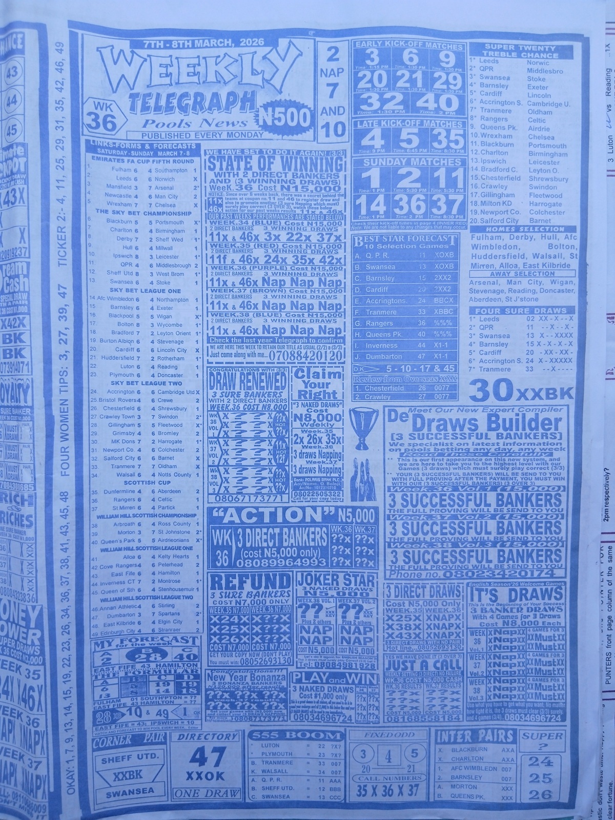 Week 36 Weekly Telegraph, Final Result, Dream Pools Papers