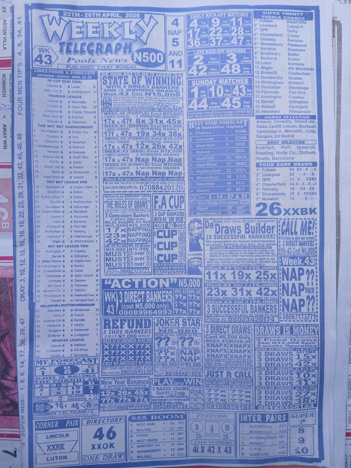 Week 43 Weekly Telegraph, Final Result, Dream Pools Papers