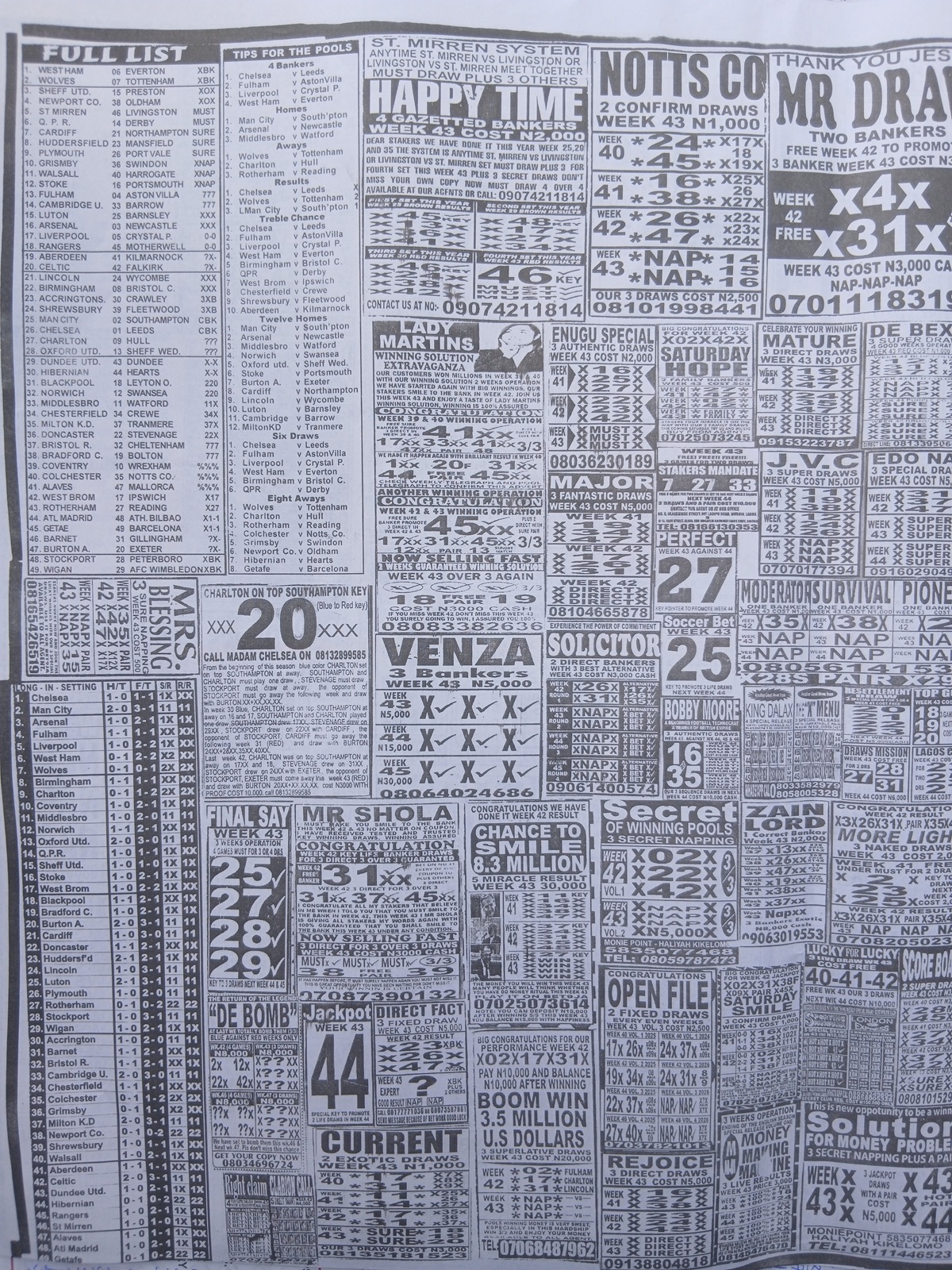 Week 43 Weekly Telegraph, Final Result, Dream Pools Papers