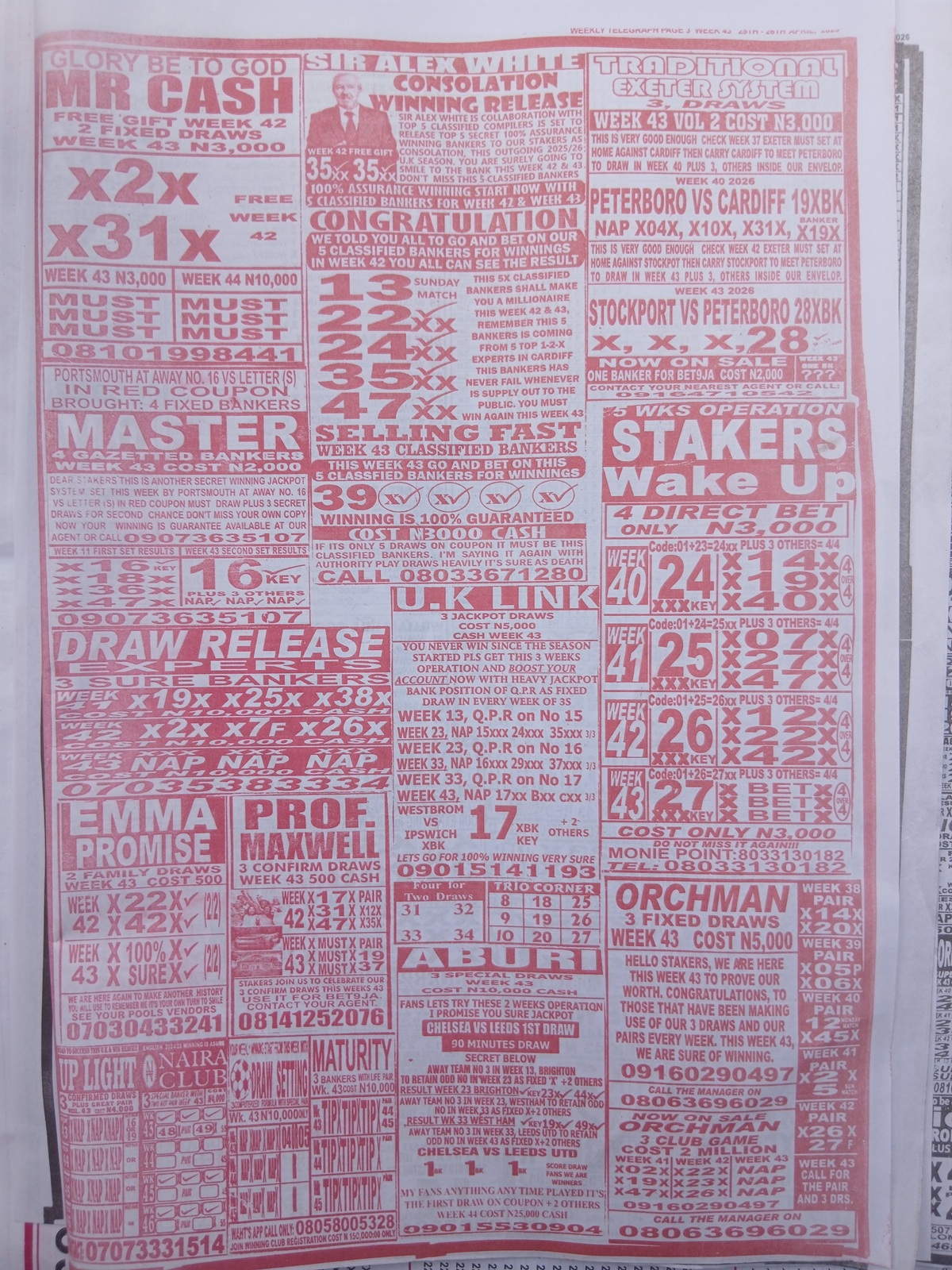 Week 43 Weekly Telegraph, Final Result, Dream Pools Papers