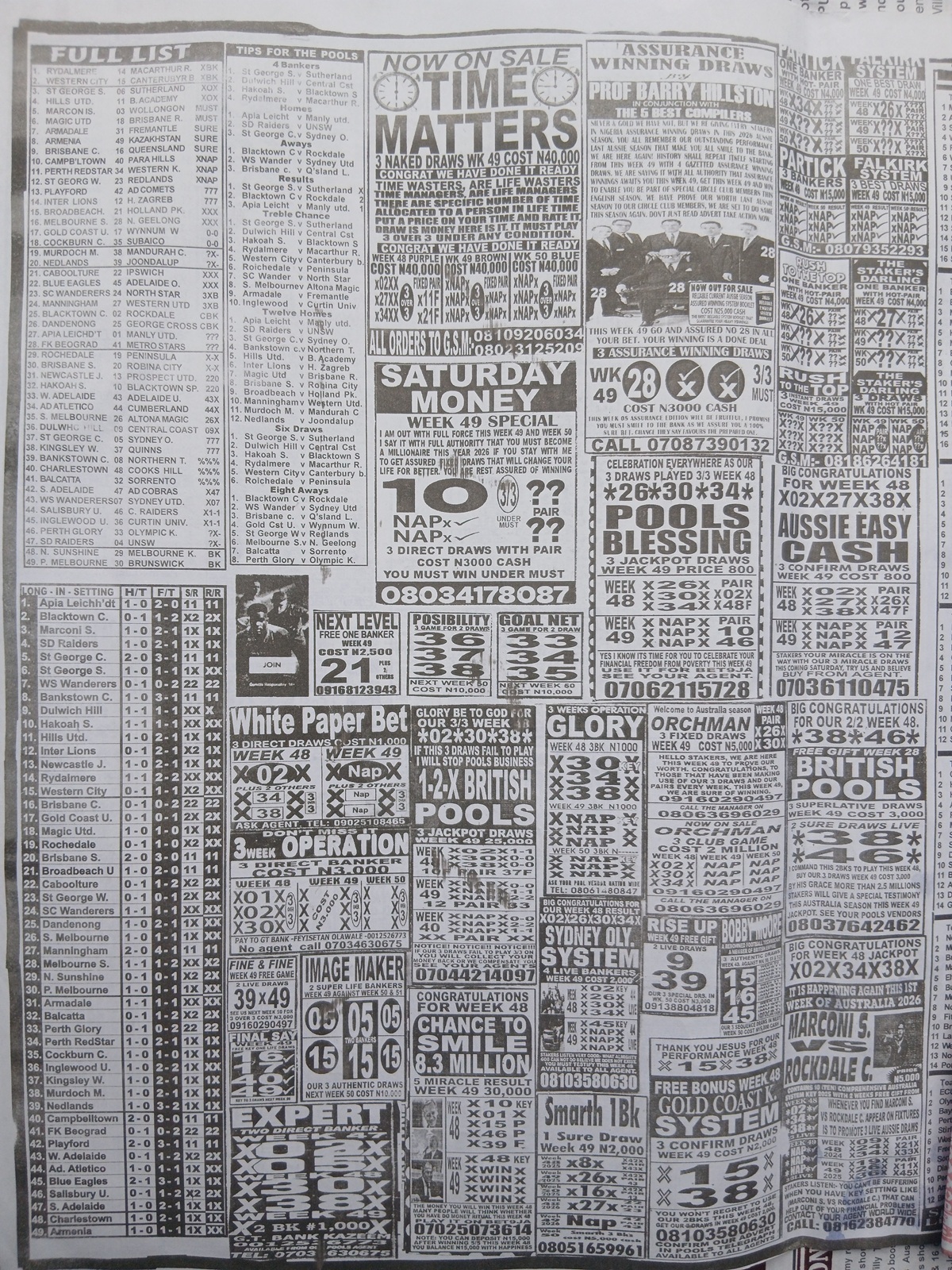 Week 49 Weekly Telegraph, Final Result, Dream Pools Papers